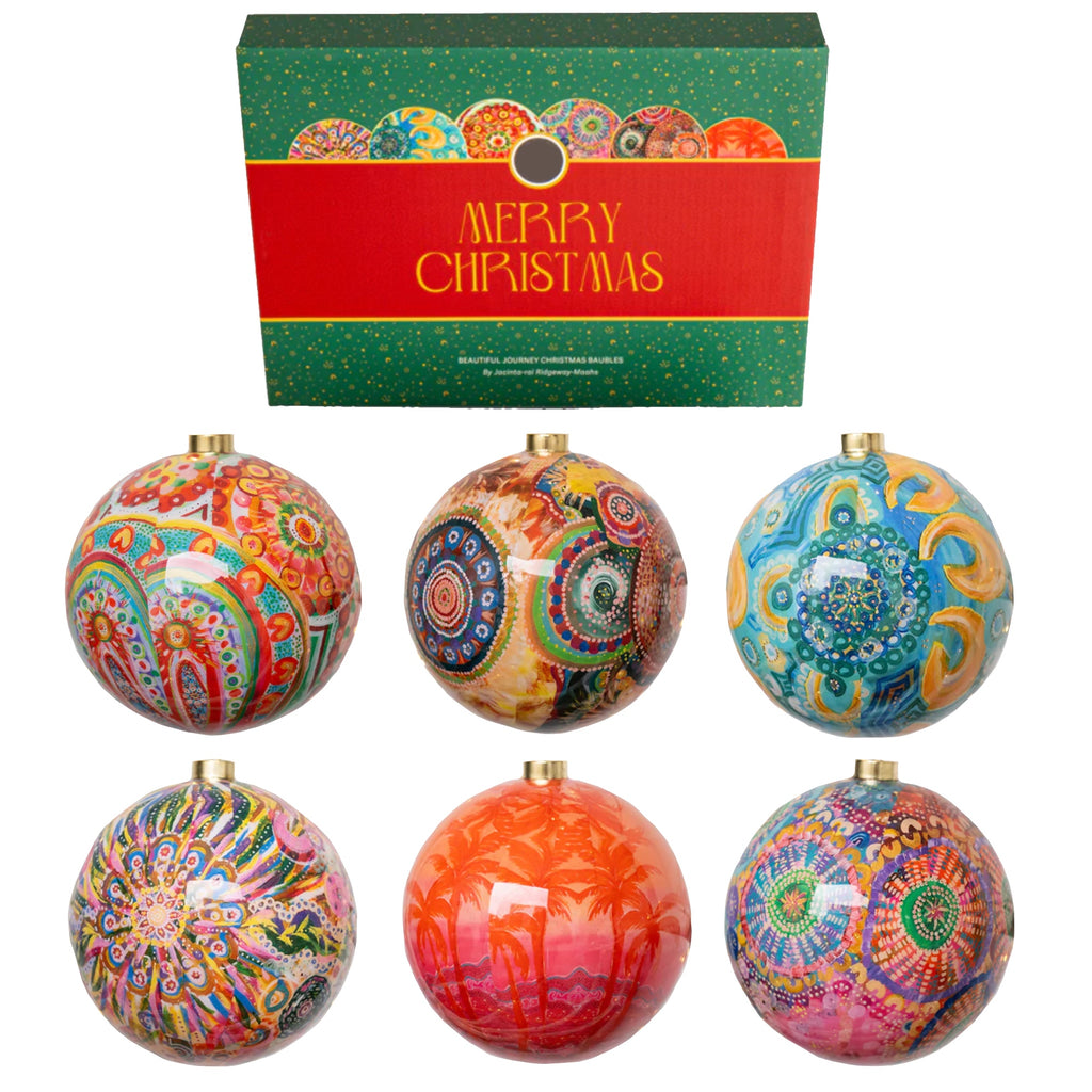 6 x CHRISTMAS BAUBLES - HANGING, 80mmD - ABORIGINAL ART - SACRED COUNT ...