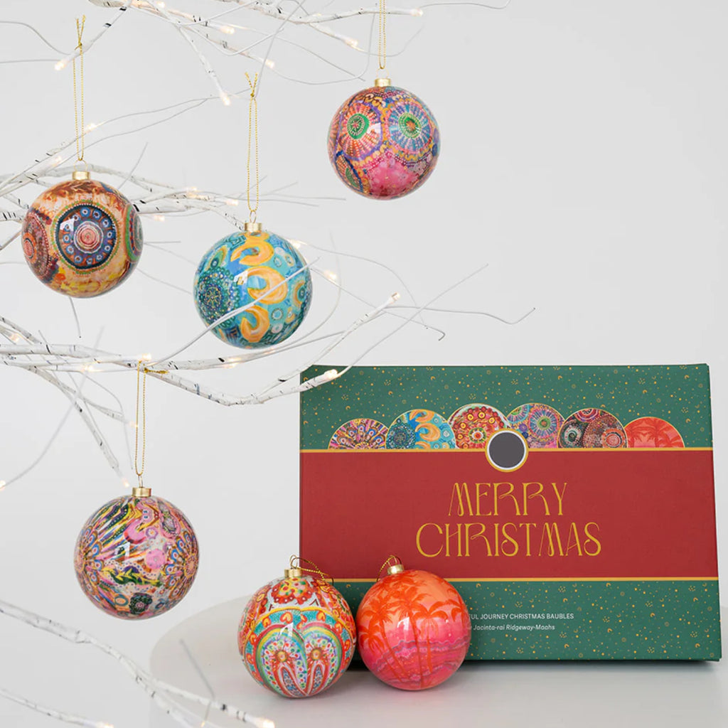 6 x CHRISTMAS BAUBLES - HANGING, 80mmD - ABORIGINAL ART - SACRED COUNT ...