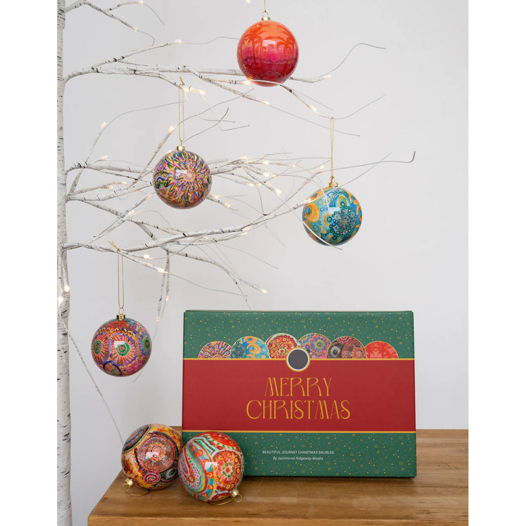 6 x CHRISTMAS BAUBLES - HANGING, 80mmD - ABORIGINAL ART - SACRED COUNT ...